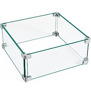 Yaheetech Gas Fire Pit Wind Guard for Square Fire Table, 15 x 15 x 6.5 inch Clear Tempered Wind Guard for Firepits, Thick Square Glass Shield, Glass Panel with Hard Aluminum Corner Bracket & Feet