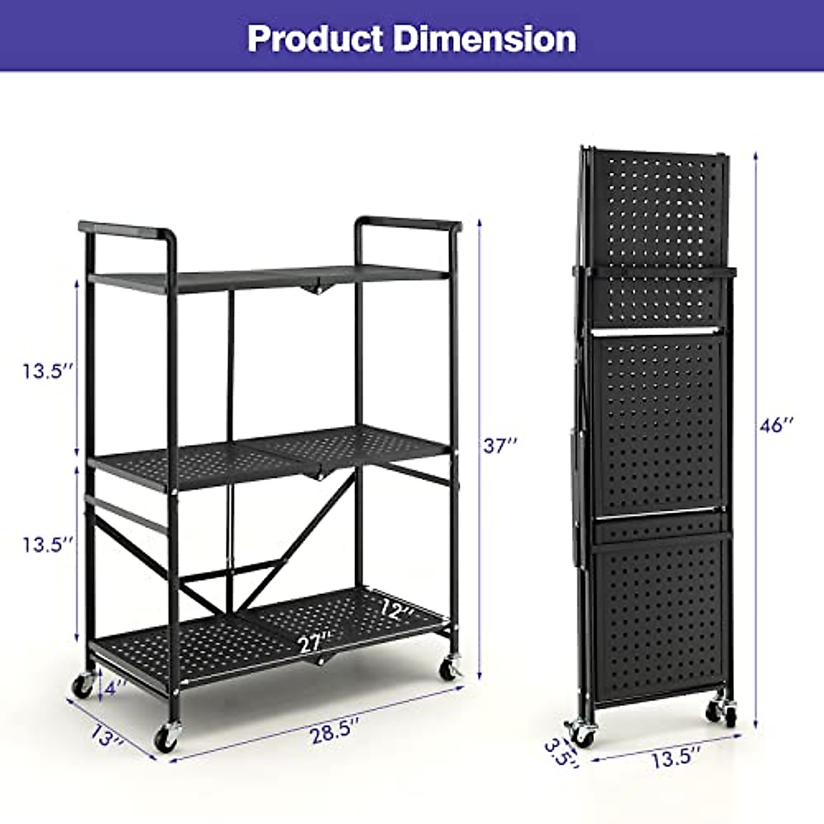 Tangkula 3-Tier Foldable Storage Shelves, Steel Storage Rack with 2 Handles, 4 Caster Wheels and Hook Buckle, Collapsible Utility Cart for Garage Kitchen, 3-Shelf Metal Shelving Units (1, Black)