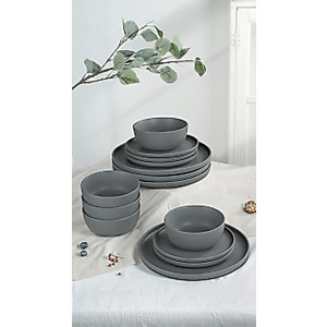Famiware Dawn Plates and Bowls Sets, 12 Pieces Stoneware Dinnerware Sets, Dishes Set for 4, Microwave and Dishwasher Safe, Dark Gray