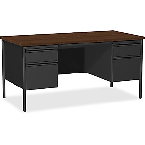 Lorell Fortress Series Double Pedestal Desk, 60" x 30" x 29.5", Black Steel Frame with Walnut Top