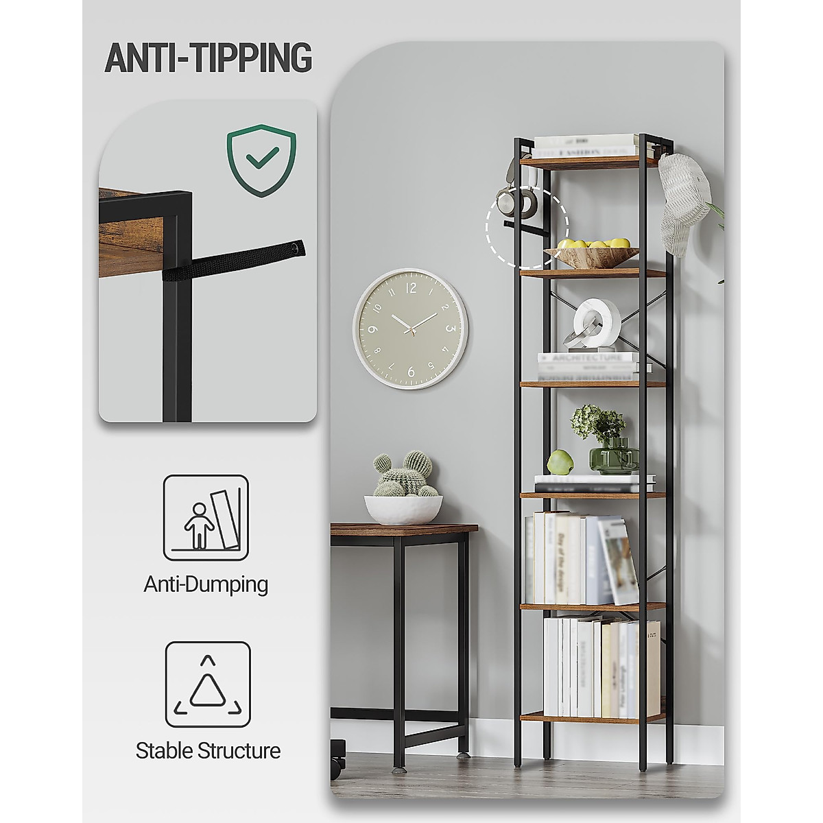 Hzuaneri Bookshelf, Book Shelf, Industrial Bookcase with 2 Hooks, Coner Shelf Storage Organizer for Home Office, Living Room, Bedroom, Kitchen, 6-Tier Rustic Brown BC10701B