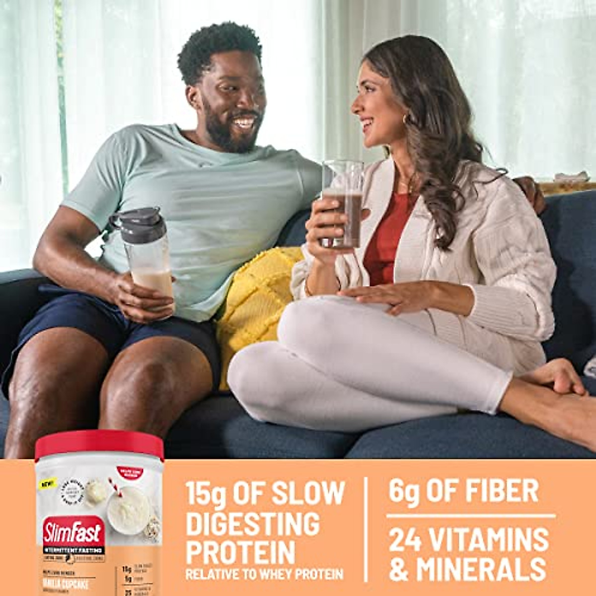 SlimFast Intermittent Fasting, Casein Protein Powder, Biotin with Vitamin & Mineral Bend, with Fiber, No Added Sugar, Snack Shake Mix- Vanilla Cupcake, 10 Servings (Pack of 2)