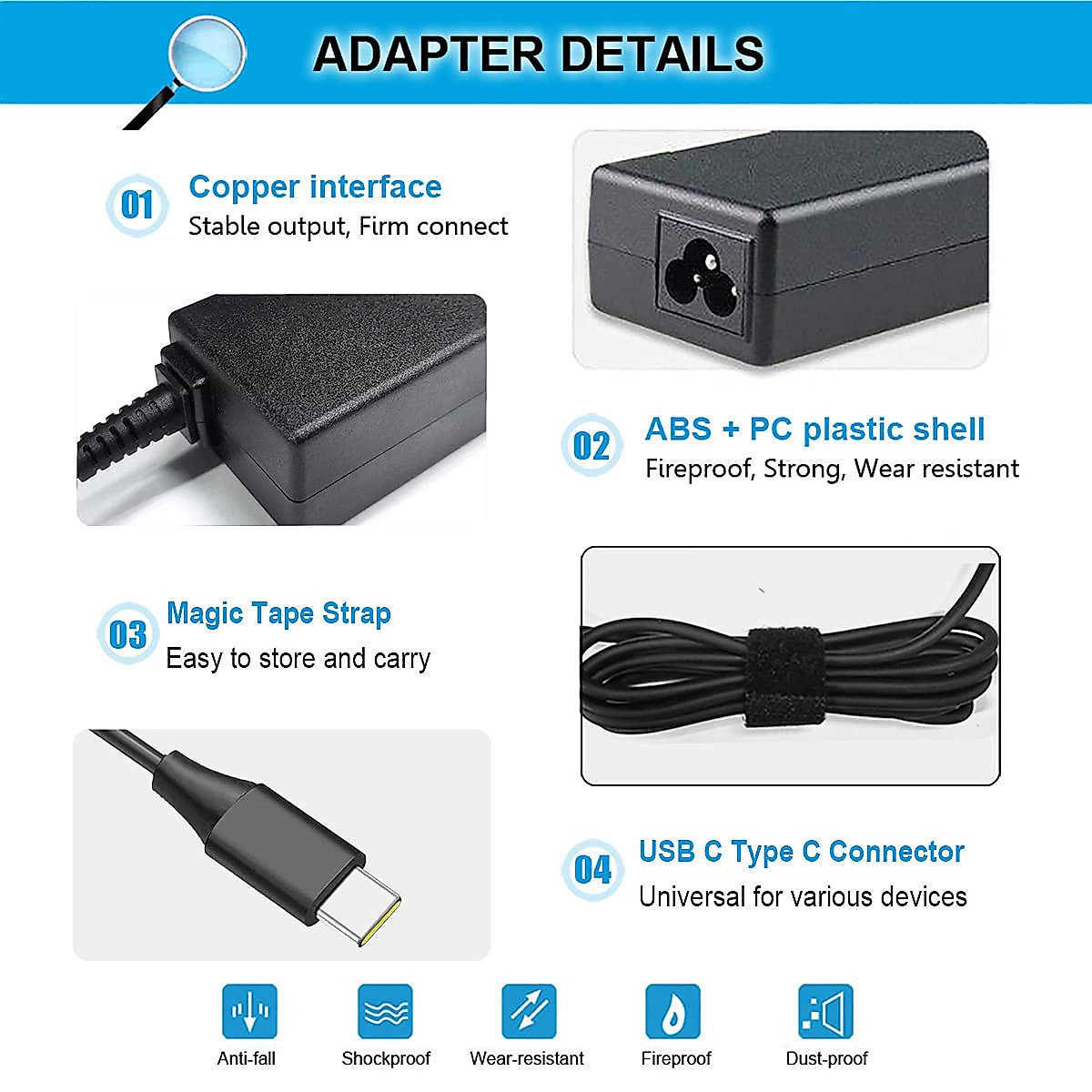 45W Type C USB-C Charger for Dell Chromebook 11 3100 5190 3380 P29T Latitude 5420 5520 5285 5290 7390 7480 7490 7410 7290 7370 2-in-1 XPS 13 9350 9360 9365 9370 LA45NM150 LA65NM170 2YKOF 04RYWW 0HDCY5