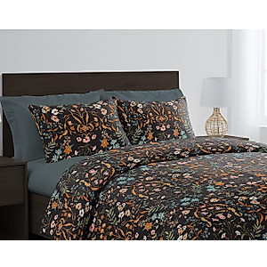 Sweet Jojo Designs Boho Bohemian Farmhouse Black and Orange Wildflower Garden Floral Duvet Comforter Cover and Sham 3pc King Size Bed Bedding Set Bedroom Botanical Cottagecore Flower Vintage Turquoise