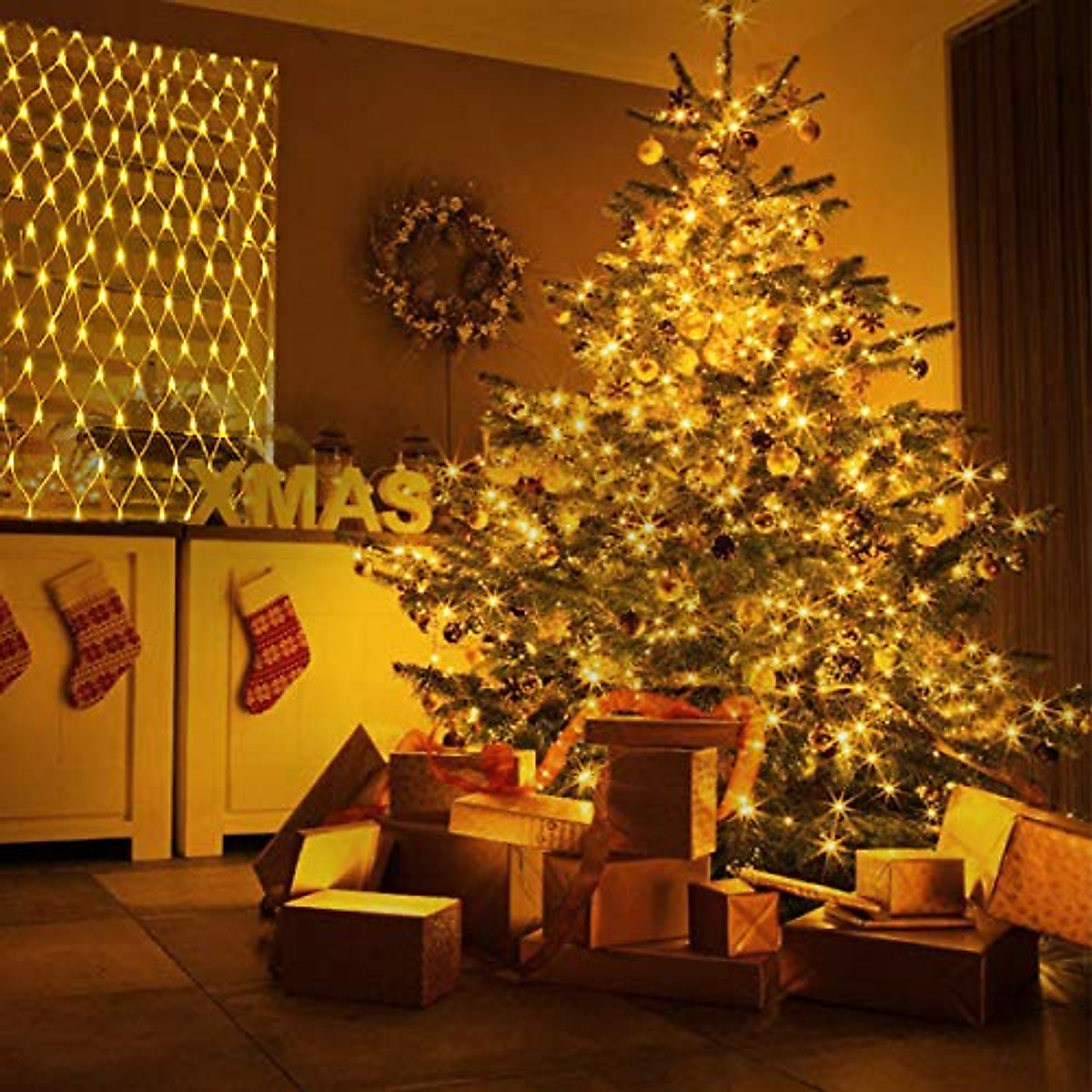 Solar Christmas Mesh Lights w/ Remote Timer, 10ft x 4.9ft 180 LED Waterproof Net String Lights for Outdoor Trees, Patio Bushes, Wedding Party, Front Back Yard, Porch, Balcony Decorations (Warm White)