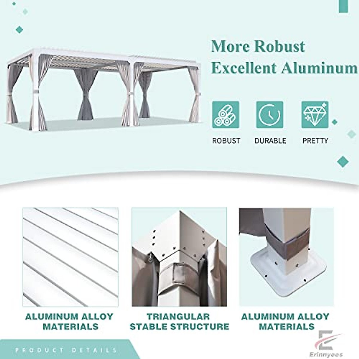 Erinnyees 10'×20' Outdoor Louvered White Pergola with Adjustable Aluminum Rainproof Roof, Patio Hardtop Gazebo Sun Shade Shelter for Beach Deck Patio Garden Yard, Including Curtains and Netting