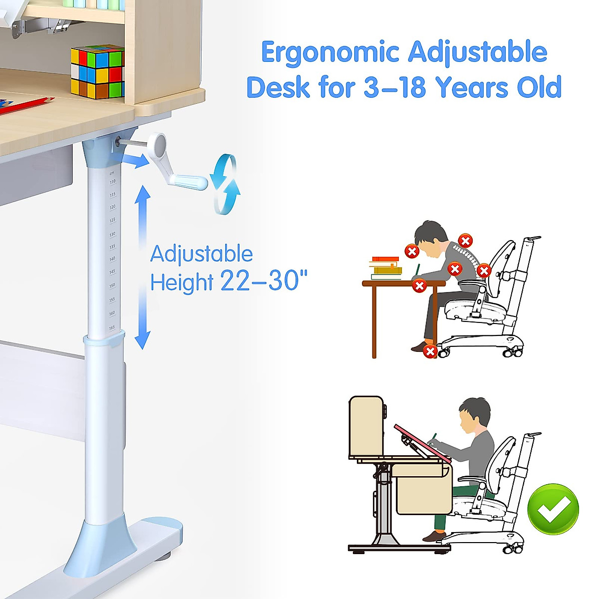 FCD Wood Adjustable Height Kids Study Desk with Chair Drafting Table Computer Station Built-in Bookshelf Hutch Multi Function (Blue, Desk and Chair)