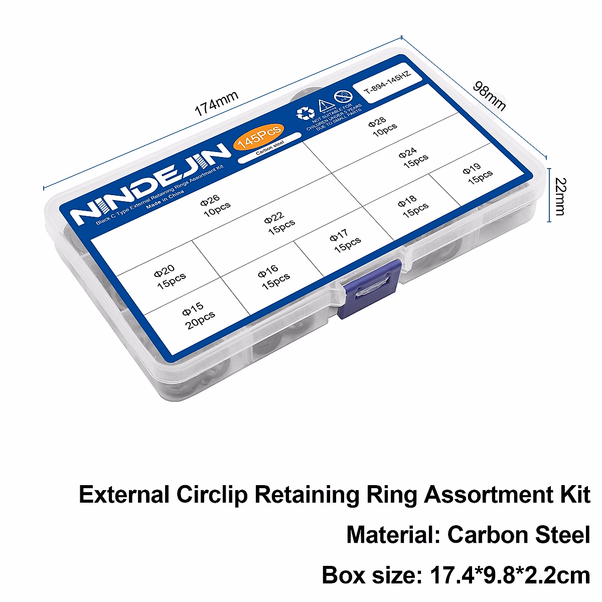 NINDEJIN Snap Ring Shop Assortment, 145PCS External Retaining Rings 15-28mm (0.59''-1.1'') Carbon Steel Snap Retaining C Clip Rings Kit for Grooved Shafts, Studs, and Other Moving Parts