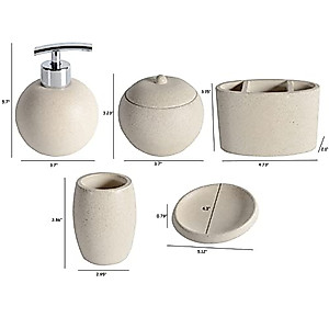 Artchirly 5 Piece Bath Accessory Set for Vanity Countertops,White Sandstone Color,Made of Cement Luxury Ensemble Dish,Lotion Dispenser,Soap Dish,Tooth Mug,Toothbrush Holder and Storage Can (5)