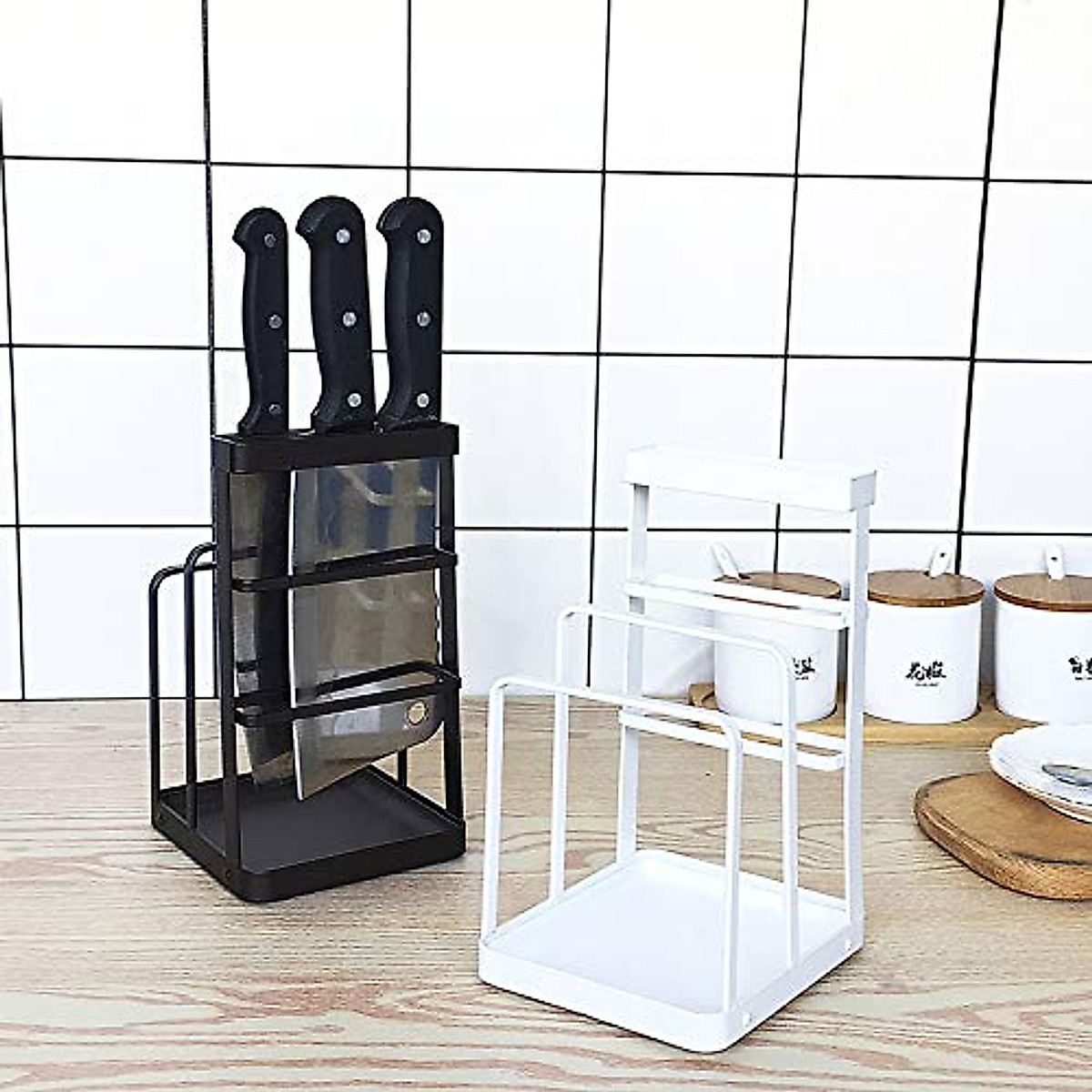 VANRA Metal Steel Cutting Board Holder Knife Block Kitchen Organizer Pantry Bakeware Rack Pan Pot Cover Lid Rack Stand with Draining Tray (Brown)