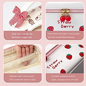 Cute Strawberry Printed Large Capacity Pencil Case Japanese Corduroy Pen Holder Kawaii Stationery Pouch Makeup Cosmetics Bag for Back to Scool Students (Heart)