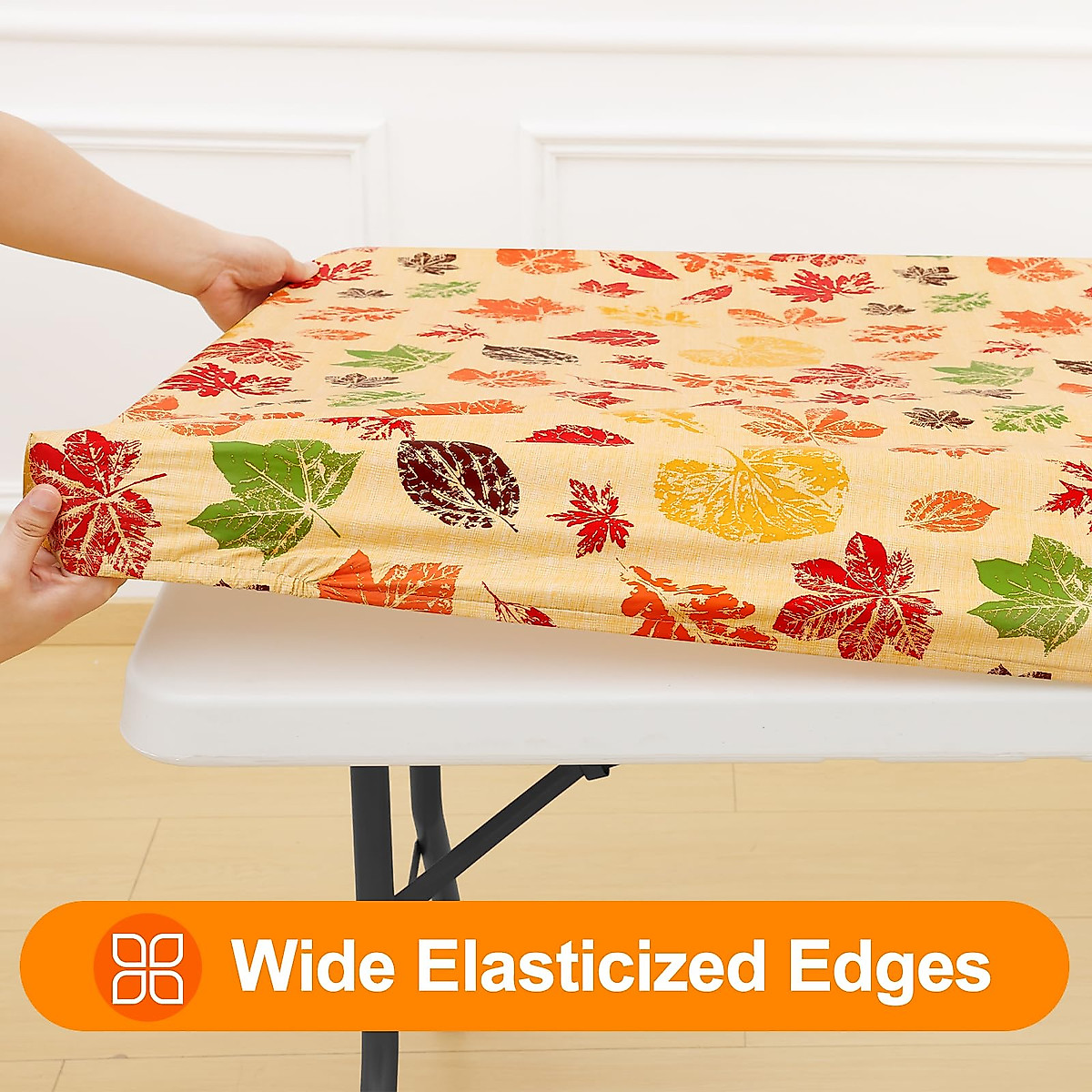 Smiry Plastic Thanksgiving Tablecloth, Fall Leaves Waterproof Elastic Fitted Table Covers for 6 Foot Tables, Wipeable Flannel Backed Vinyl Tablecloths for Autumn Harvest, Parties (Rust, 30x72 Inches)