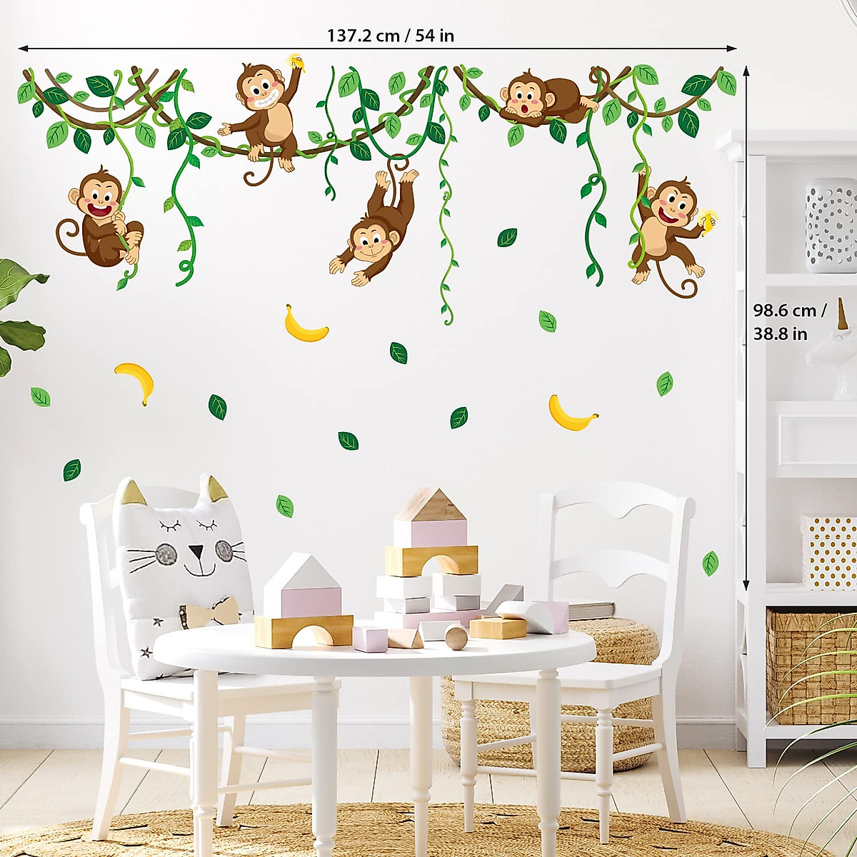 DECOWALL DS9-8053 Monkey Vines Wall Decals Kids Stickers Nursery Room Bedroom décor Living Baby Tree Removable Animal Peel Stick Jungle Art Green Home playroom Vinyl Leaves Decoration