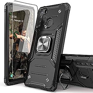 IDYStar Galaxy A21 Case with Screen Protector,Galaxy A21 Case,Shock Absorption Heavy Duty Drop Test Slim Cover with Car Mount Kickstand Lightweight Protective Phone Case for Samsung Galaxy A21, Black