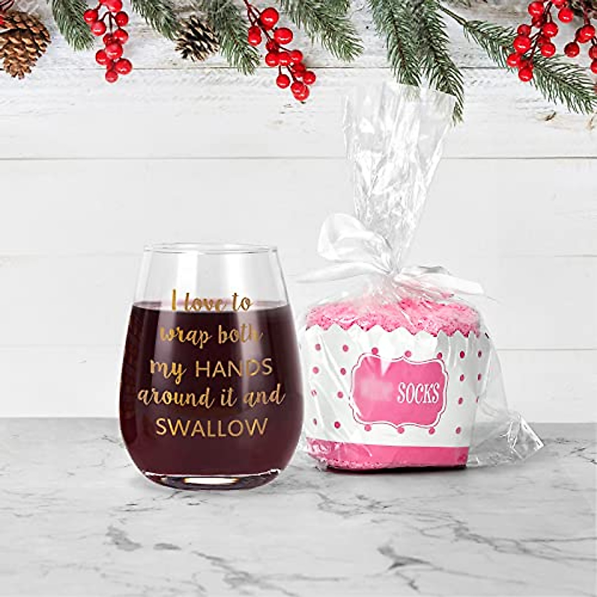 I Love Wrap Both My Hands Around It and Swallow It Stemless Wine Glass with Cupcake Wine Socks and Bottle Opener - Funny Wine Glass Gift for Women, Friends, Sisters, Girls, Wine Lover, Mom 15Oz