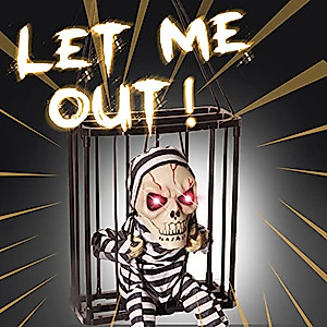BINDUO Scary Halloween Decoration Outdoor Skull Decor with Motion Sensor Hanging Skulls Prisoner Cage Light Up Eyes Talking Spooky Spirit Halloween Animatronic Home Decor