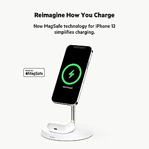 Belkin MagSafe 2-in-1 Wireless Charging Stand for Apple iPhone 15, iPhone 14, iPhone 13, & iPhone 12 Series & AirPods - MagSafe Fast Charging Station for Multiple Devices - White