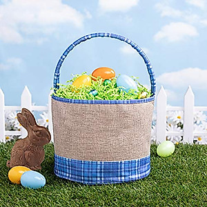 Personalized Easter Bucket Bag with Custom Name | Blue Plaid Burlap Easter Bag with Handle | Egg Basket for Kids | Customized Easter Basket | Great for Book and Toy Storage