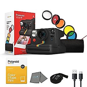 Now+ Instant Camera, Black, Bluetooth Now Plus Film Camera with 5 Piece Lens Filter Kit & Pouch, 8 Color Instant Camera Film, and Lumintrail Lens Cleaning Cloth