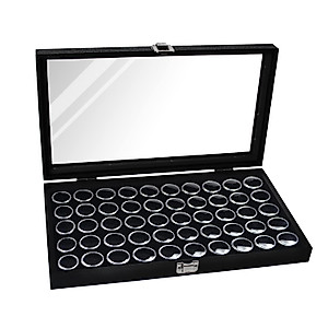 MOOCA Black Glass Top Jewelry Display Case Box 50 Gem Jars, Ring Box, Jewelry Organizer, Gem jar storage for Jewelry, Glass Display Box, storage Tray