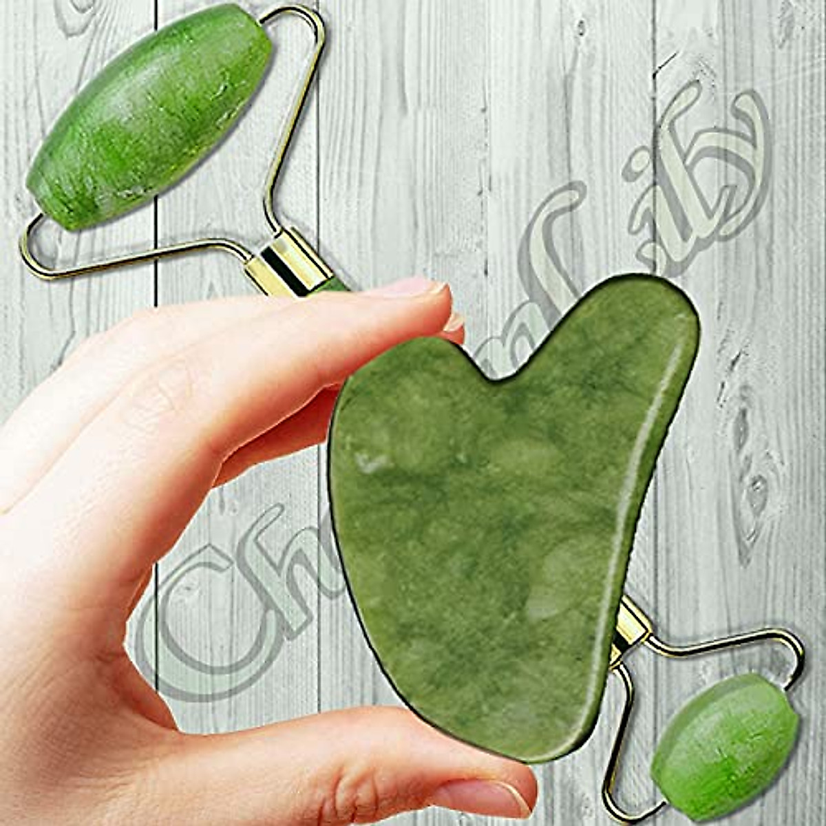 CHARMLILY Jade & Ice Roller + Gua Sha Massager Tool Set for Face & Eyes, Puffiness, Reduce Wrinkle Aging, Migraine, Pain Relief on Neck & Body, Cold Facial Original Natural Stone - 3 in 1