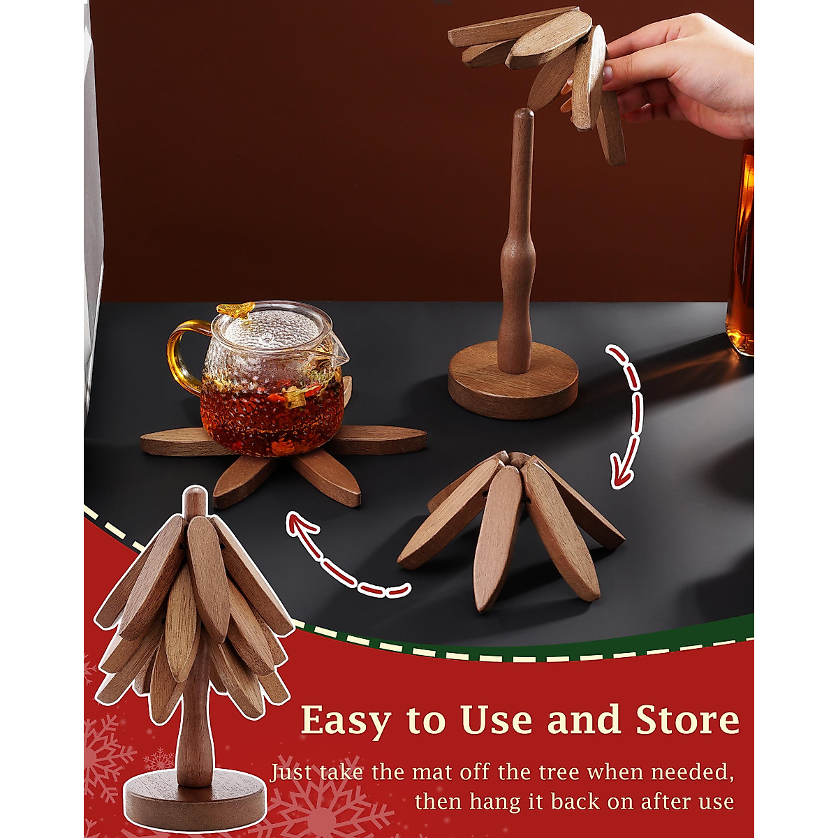 Wooden Tree Coasters with Holder, Wooden Trivets for Hot Dishes Decorative Christmas Tree Shape Includes 3 Pcs Hot Plate Mats, Tree Trivets for Hot Pots and Pans, Hot Pads for Countertop, Sapele