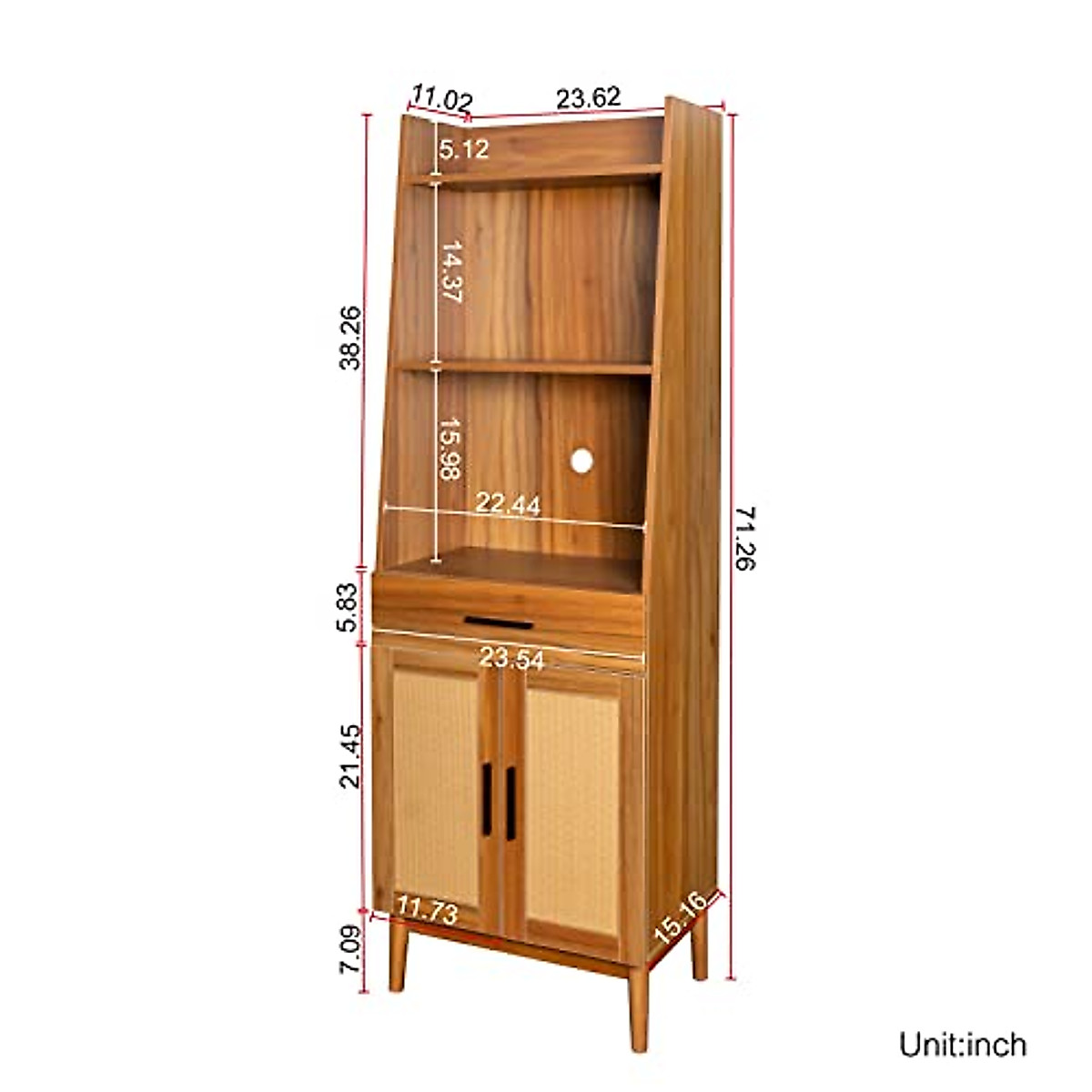 Rattan Door Bookshelf Display Case with Drawer Walnut Finish Open Shelves Narrow Wooden Bookcase Rustic Natural Wicker Decor Storage Cabinet for Living Room Home Office,67.72”W x 26.77” D x5.51”H