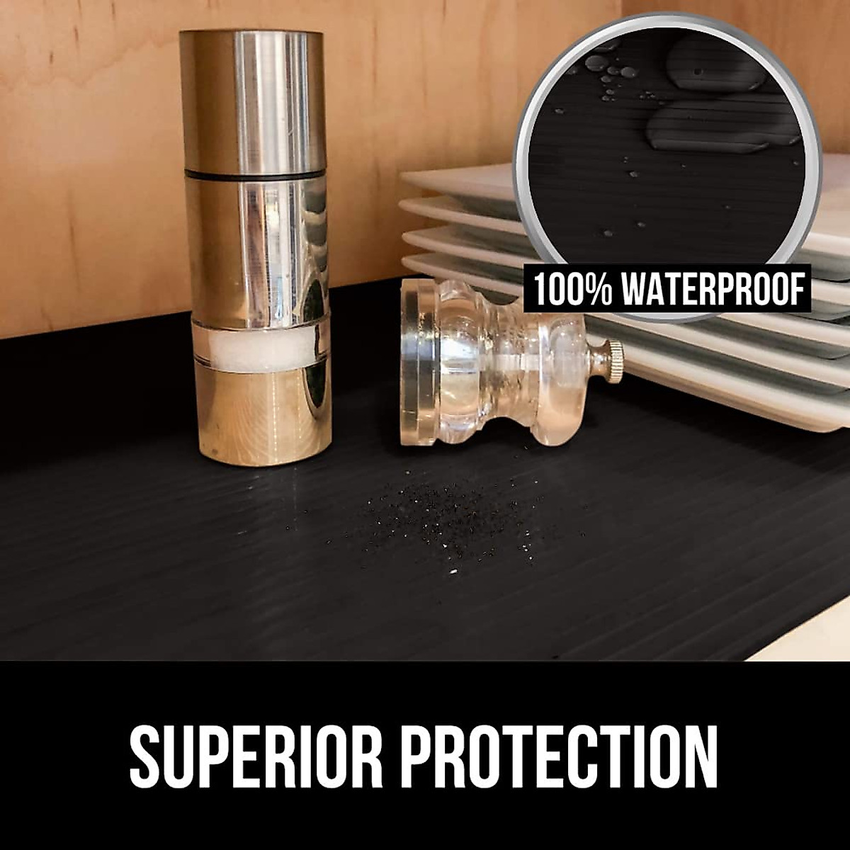 Gorilla Grip Under Sink Mat and Drawer Liner, Under Sink Mat Size 24x30, Absorbent Mat for Below Sinks, Drawer Liner Size 17.5x20 in, Strong Grip Liners for Drawers, Both in Black, 2 Item Bundle