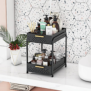 GILLAS 2 Pack 2 Tier Under Sink Organizer and Storage, Farmhouse Under Counter Storage for Kitchen, Under Cabinet Organizer for Bathroom, Sliding Basket Organizer, Black