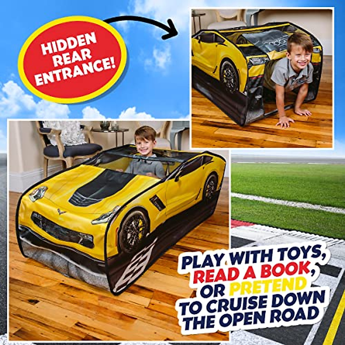 Chevy Corvette Pop Up Tent,Large Foldable Race Car Play Tent for Kids, Birthday Gift Boy, Yellow, 3+
