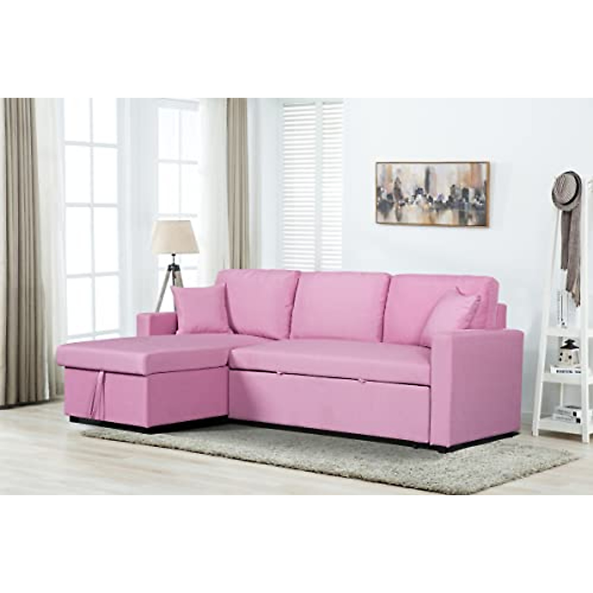 GLANZEND L-Shape Reversible Linen Sleeper Sectional Sofa with Storage Chaise, Corner Convertible Couch w/ 2 Throw Pillows for Living Room, Small Apartment, Dorm, Pink, 57 Inch