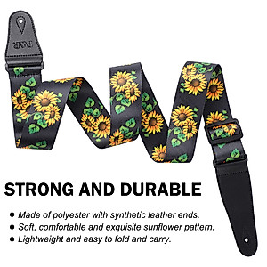 uxcell Guitar Strap, Classical Vintage Sunflower Print Guitar Shoulder Straps with Leather End, Adjustable Strap with free Lace Tie for Bass, Electric & Acoustic Guitars