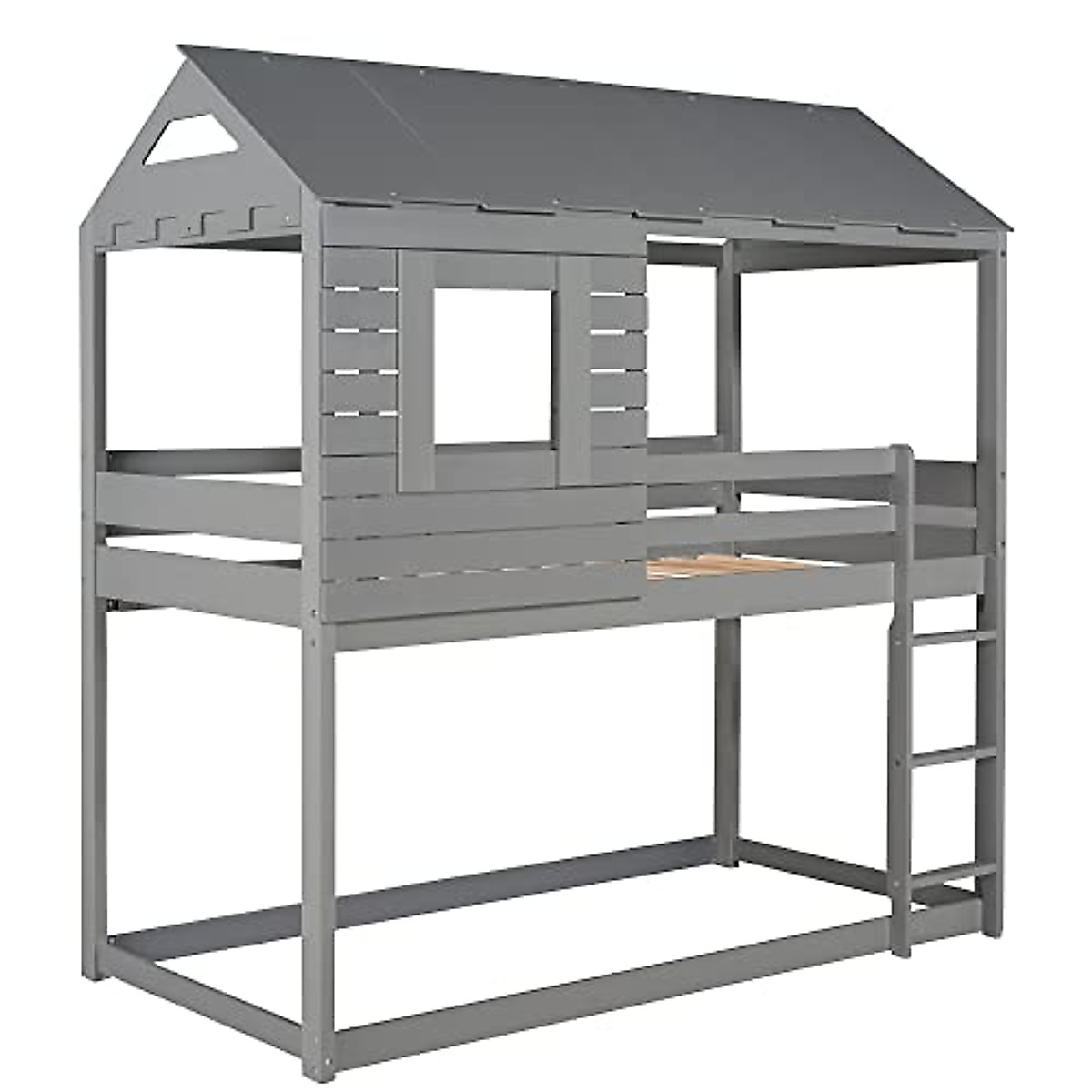 Tidyard Twin Over Twin Bunk Bed Wood Loft Bed with Roof, Window, Guardrail and Ladder Gray for Bedroom Dorm Guest Room Home Furniture