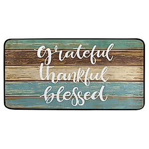 Kitchen Mat Rustic Brown TurquoiseTeal Barn Wood Grateful Thankful Blessed 39 x 20 Inch Comfort Floor Mat Rug Perfect Carpet for Kitchen, Floor Home, Office, Sink, Laundry