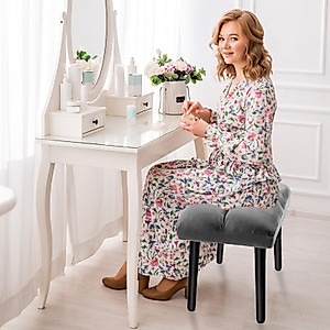 HOUCHICS Gray Vanity Stool Ottoman Stool, Square Makeup Stool with Wooden Legs, Small Ottoman Stool Chair for Vanity, Modern Padded Sofa Seat Foot Rest Stool(Gray)