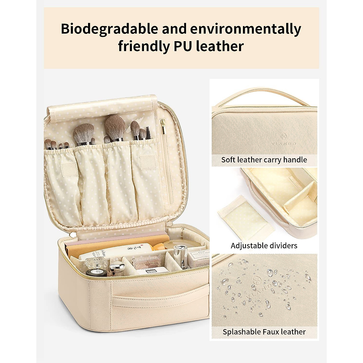 Vlando Travel Makeup Bag, Makeup Bag Organizer,Gift Ideas for Women Girls,Makeup Storgae Bag with Dividers and Handle,Gifts for Christmas,Birthday,Wedding Beige