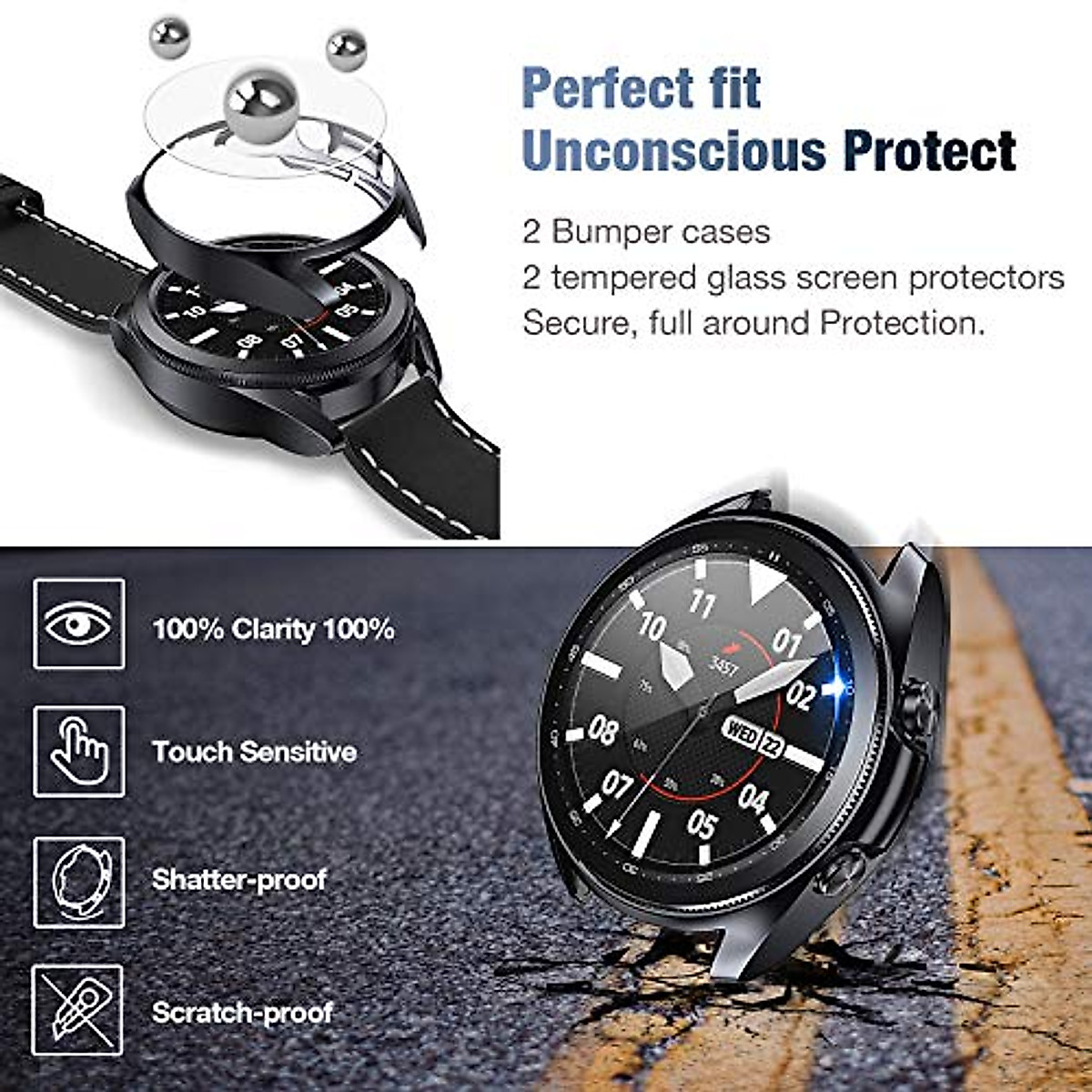 [2+2Pack] Tensea Compatible Samsung Galaxy Watch 3 45mm Screen Protector and Case, 2 Pack Tempered Glass Protective Film and 2 Pack TPU Watch Cover Accessories Set for Galaxy Watch3 45, Titanium, 41mm