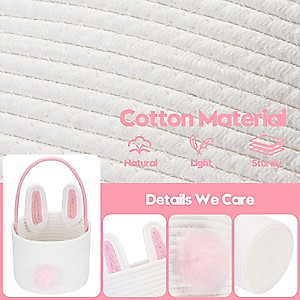 Sea Team Easter Bunny Basket for Eggs Hunt, Easter Eggs Bucket, Small Woven Cotton Rope Tote Bag with Rabbit Ears & Fluffy Tail for Kids, Easter Days Decoration, Party, Holidays, Pink