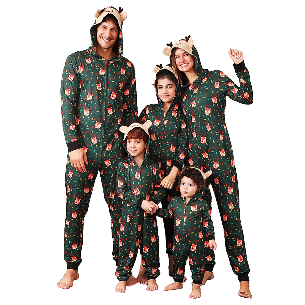 Nokpsedcb Family Christmas Pajamas Couples Kids Matching Lounge Sets Long Sleeve Hooded Deer Print Zipper Jumpsuit Sleepwear(Dad,L,A-Reindeer)
