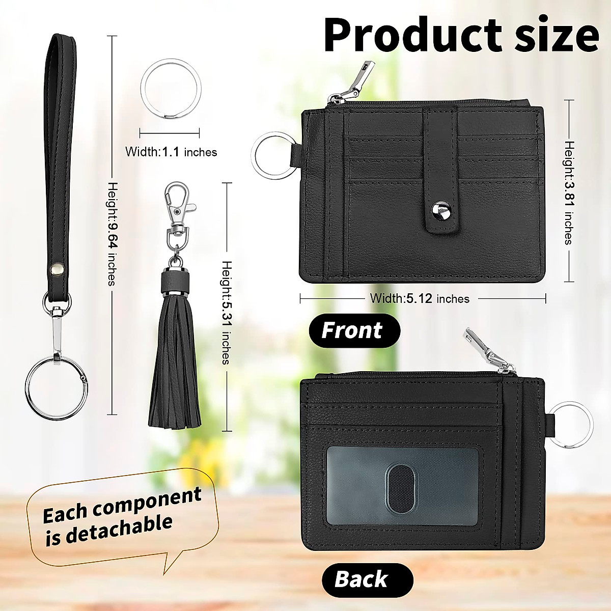 Araafur Wristlet Keychain Set with RFID Wallet Card Holder and Bottle Opener, Car Keychain Accessories for Women (Black keychain set)