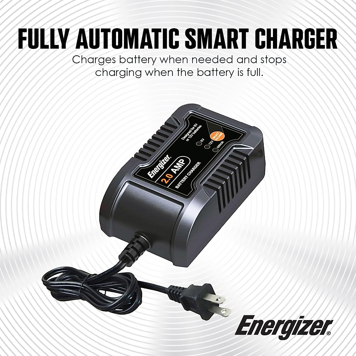 Energizer 2-Amp Battery Charger/Maintainer, 9-Step Smart Battery Car Charger, LCD Display, 6V/12V Voltage Detection for Auto, Motorcycle, RV, Boat,SUV