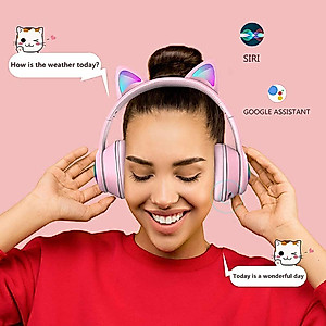 Zuri Sana Cat Ear Gaming Bluetooth 5.2 Wireless Foldable Headphones with LED Light, Over Ear Stereo Sound Music Headsets with Microphone AUX for PC TV Pad Cellphone Laptop Game Kids Adults Gift