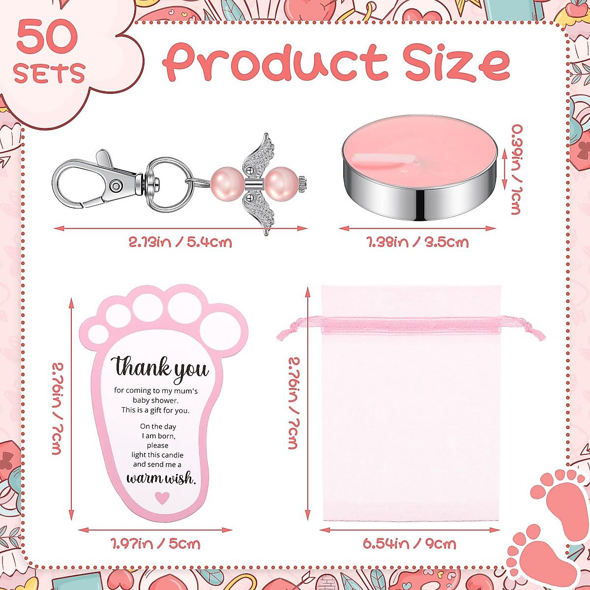 Landical 50 Sets Baby Shower Favors for Guests Including 50 Unscented Tealight Baby Shower Candles 50 Angel Keychains 50 Gift Bags 50 Baby Shower Cards for Baby Shower Gender Reveal Party(Pink)