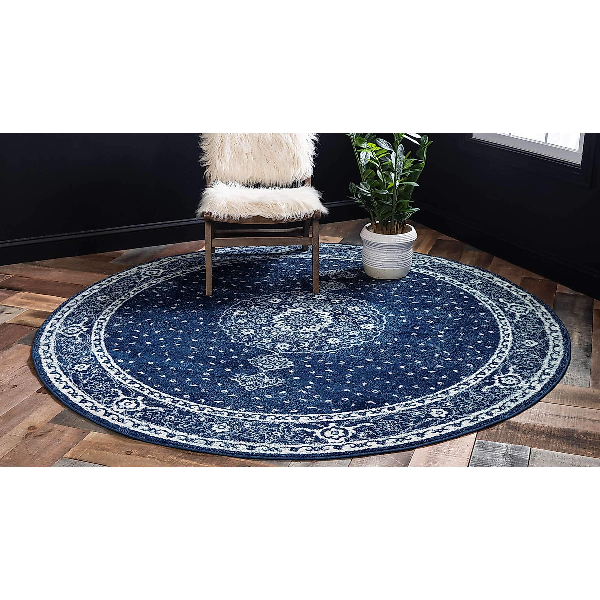 Unique Loom Bromley Collection Area Rug - Midnight (7' 10" Round, Navy Blue/ Ivory)