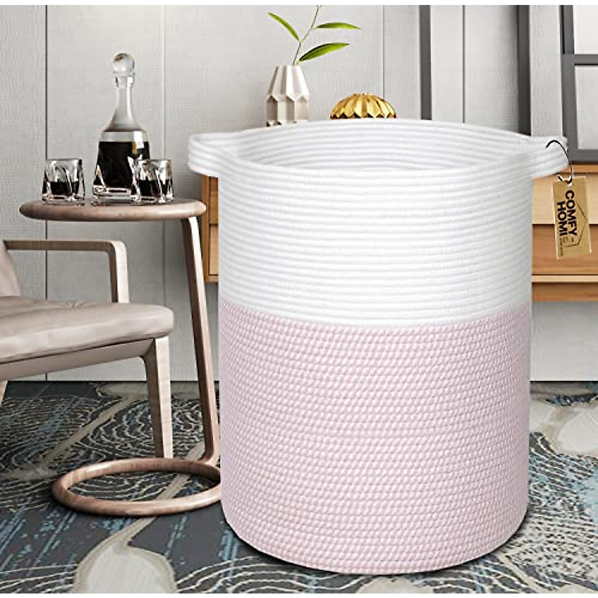 COMFY-HOMI XXL Blanket Basket 18”x16”|Cotton Rope Laundry Basket|Woven Basket for Storage|Gift Basket Empty for Newborn or Infant Gift for Boy Girl, Toy basket for blanket, cloth, towel-White/Pink