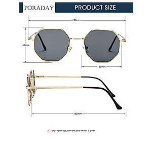 PORADAY Square Sunglasses for Women Men Retro Octagon Metal Sun Glasses Vintage Polygon Shades (Gold/Gray)
