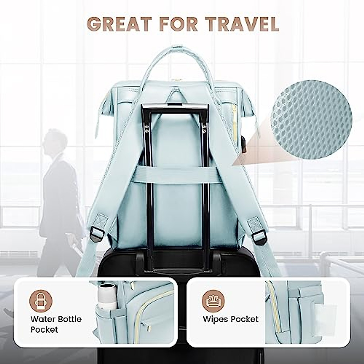 LOVEVOOK Leather Laptop Backpack for Women 15.6 inch,Travel Backpack Purse Nurse Teacher Backpack Computer Laptop Bag,Professional College Business Work Bags Carry On Backpack with USB Port,Pink Blue