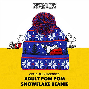 Peanuts Beanie Hat, Snoopy Red House Ugly Xmas Sweater Winter Knit Cap with Cuff and Pom, Blue, One Size