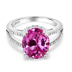 Gem Stone King 925 Sterling Silver Pink Created Sapphire Ring For Women (6.48 Cttw, Oval 12X10MM, Gemstone September Birthstone, Available In Size 5, 6, 7, 8, 9)