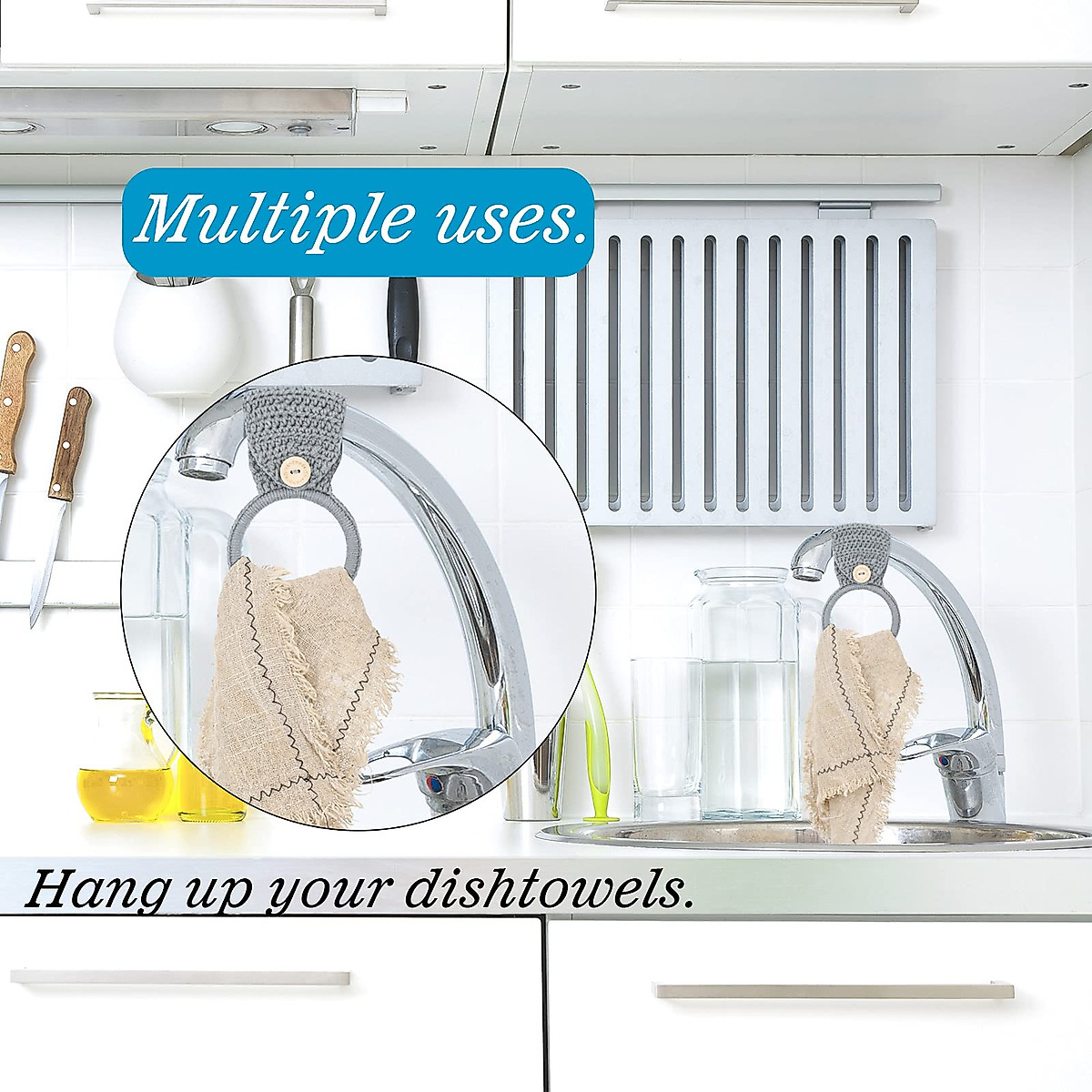 Tatuo 3 Pieces Crochet Dish Towel Holder Hanging Hand Towels Ring Towel Holder for Kitchen Towels with Loop Bathroom Towel Hanger for Housewarming (Gray)